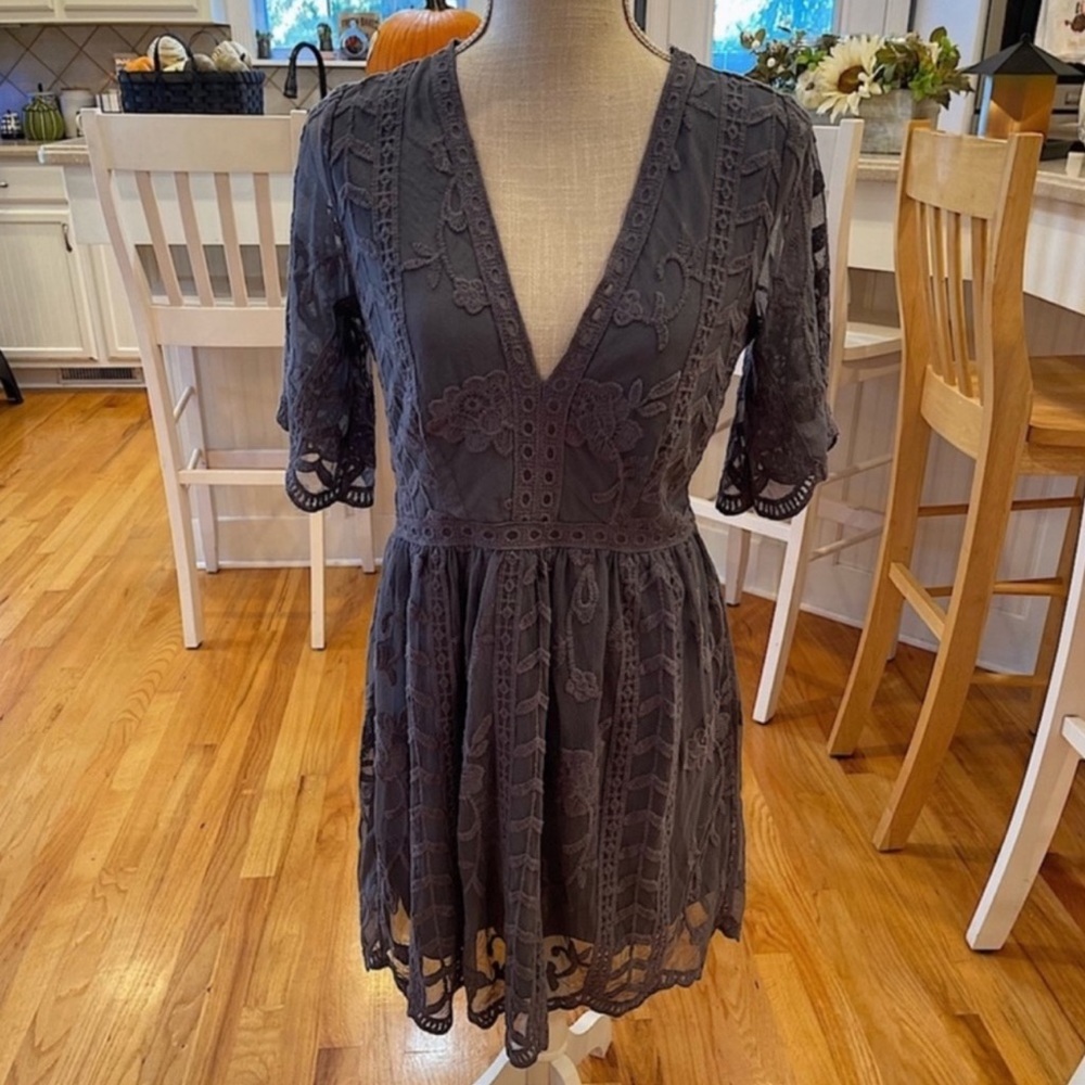 Socialite Gray Lace Sheer Back Fit And Flare Dress - Gem